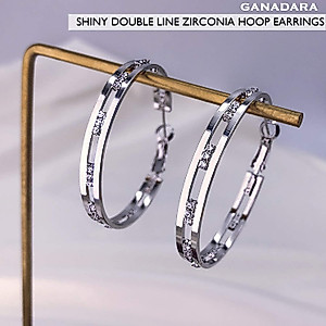 GANADARA Cubic Zirconia Hoop Earrings for Women - 14K Gold Plated 925 Sterling Silver Shiny Wide Round Hoop Earrings (Silver)