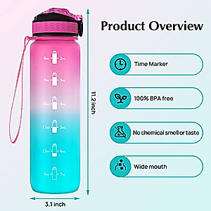 EYQ 32 oz Water Bottle with Time Marker, Carry Strap, Leak-Proof Tritan BPA-Free, Ensure You Drink Enough Water for Fitness, Gym, Camping, Outdoor Sports (Fuschia/Green Gradient)