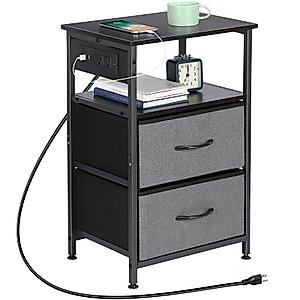 NANANARDOSO Nightstand with Charging Station, Small Bedside Table with 2 Fabric Drawers and Storage Shelf, Rustic End Table for Small Space Bedroom Living Room, Black