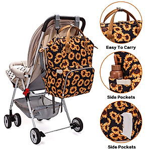 Sunflower Diaper Bag Backpack Set for Baby Girls, Large Floral Mom Bags with Nappy Pouch Stroller Straps