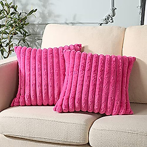 Soleebee Set of 2 Throw Pillow Covers Soft Cozy Velvet Pillowcase Faux Rabbit Fur Cover for Couch Sofa Bed Chair Home Decorative Pillows Cover (18x18 Inch, HOT Pink)