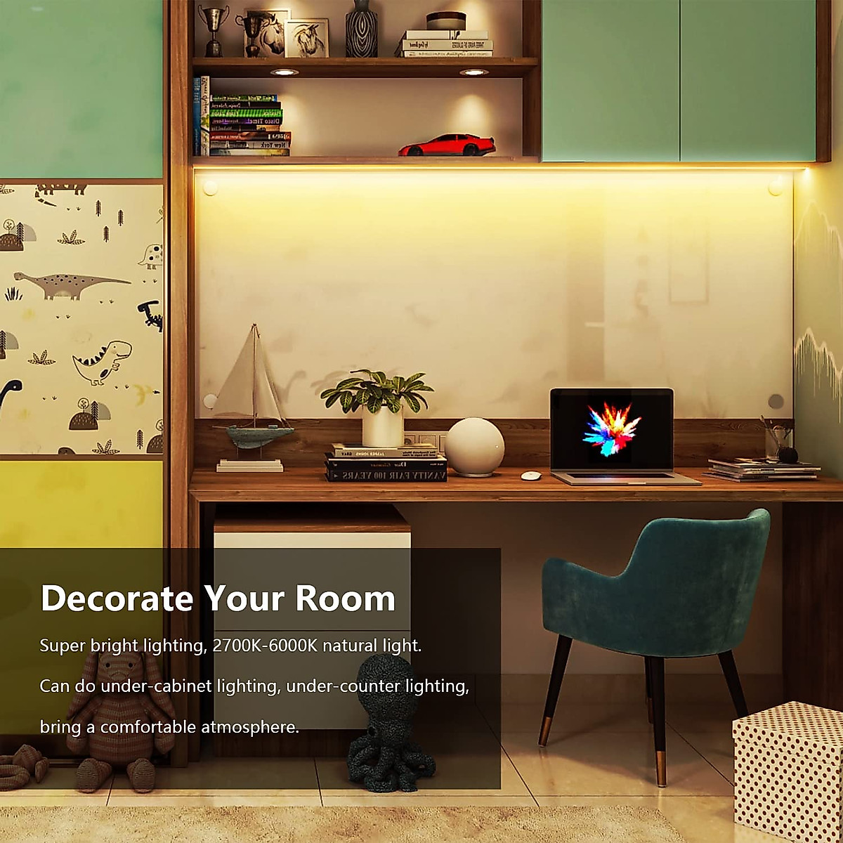 DAYBETTER Under Cabinet Lights, 6 PCS Under Cabinet Lighting with Remote, Dimmable LED Strip Lights for Bedroom, LED Lights for Kitchen Cabinet, Counter Shelf 2700K-6500K Warm to Daylight White, 9.8ft