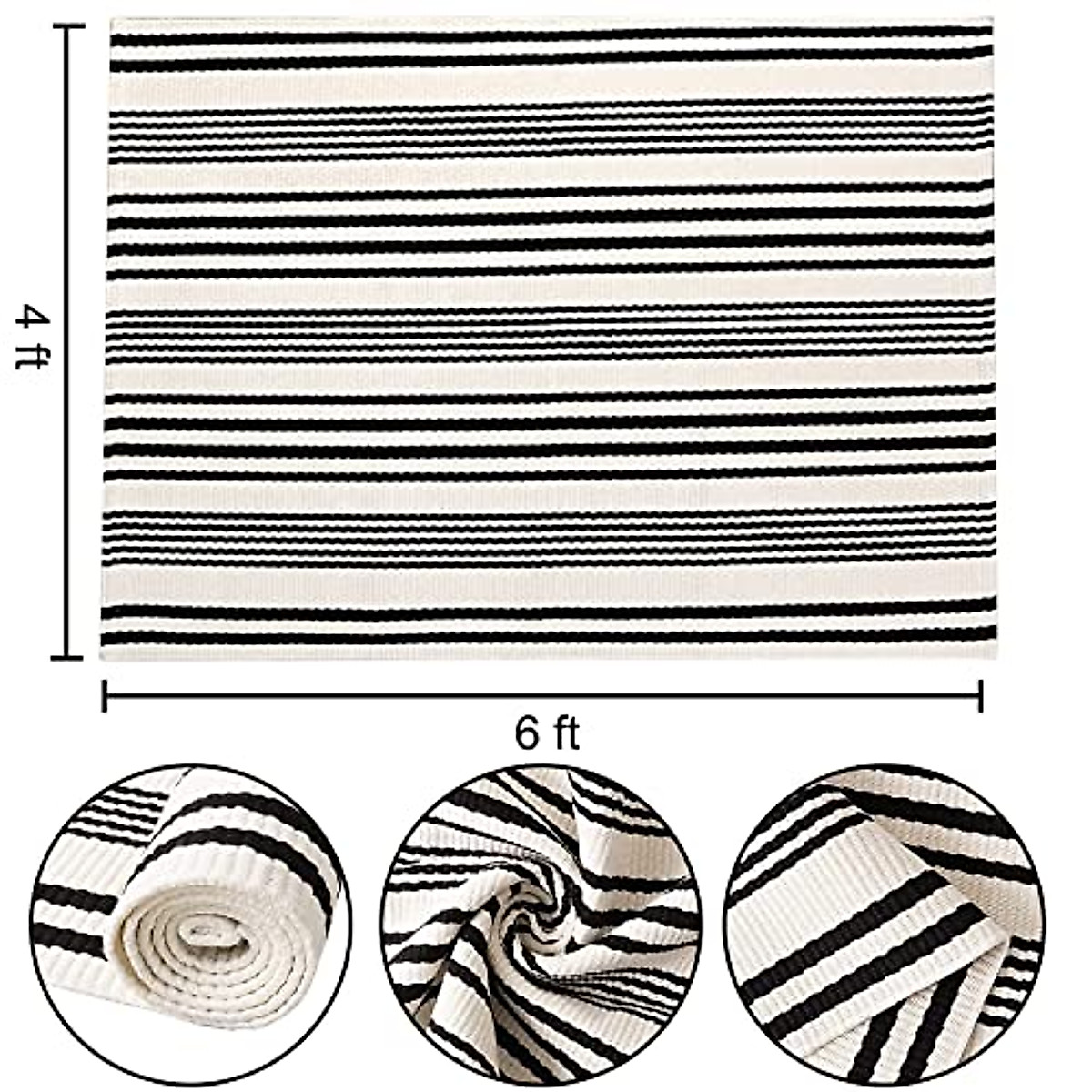 BUAGETUP Black and White Striped Outdoor Patio Rug 4' x 6',Hand Woven Cotton Patio Rug Front Porch Rug Indoor Outdoor Area Rug for Bedroom/Living/Room/Patio