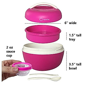 kinsho Bento Salad Container, Lunch Bowl for Salads | Bento Lunch-Box Containers with Lid for Adults | Meal Prep Kit for Lunches To Go | Leakproof Dressing Cup | BPA-Free Grey