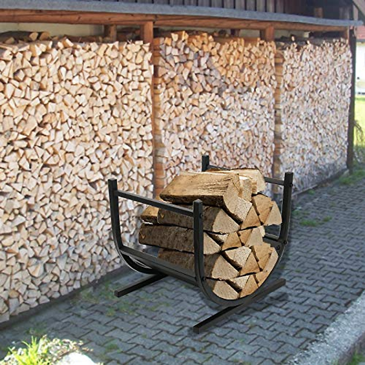 Finderomend Fireplace Log Holder Firewood Rack 17 Inch Heavy Duty Small Cast Iron Firewood Log Rack Bin for Patio Deck Fireplace Indoor/Outdoor with Scrolls for Log Wood Lumber Kindling Black