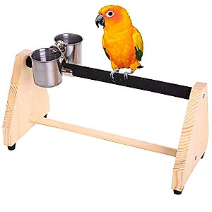 QBLEEV Parrot Play Wood Stand Bird Grinding Perch Table Platform Birdcage Feeder Stands with Feeder Dish Cup Portable Table Playstand for Small Cockatiels, Conures, Parakeets, Finch