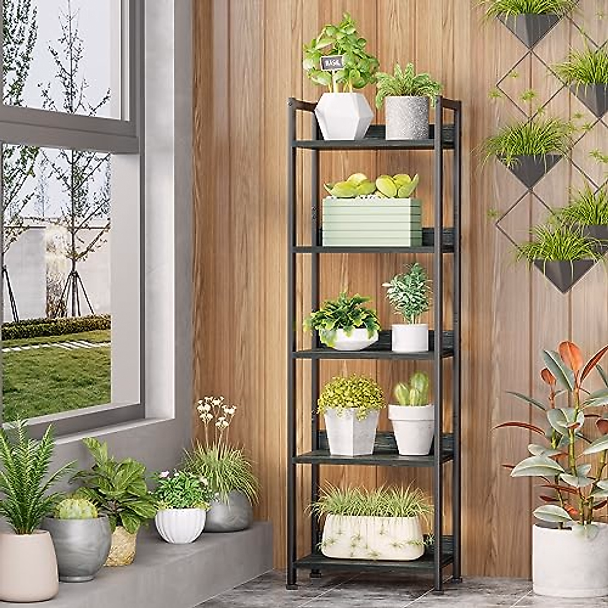 Furologee 5 Tier Bookshelf with Drawer, Kitchen Bakers Rack with Storage, Tall Narrow Bookcase, Industrial Free Standing Display Shelf, Wood and Metal Book Shelf for Bedroom, Living Room, Black