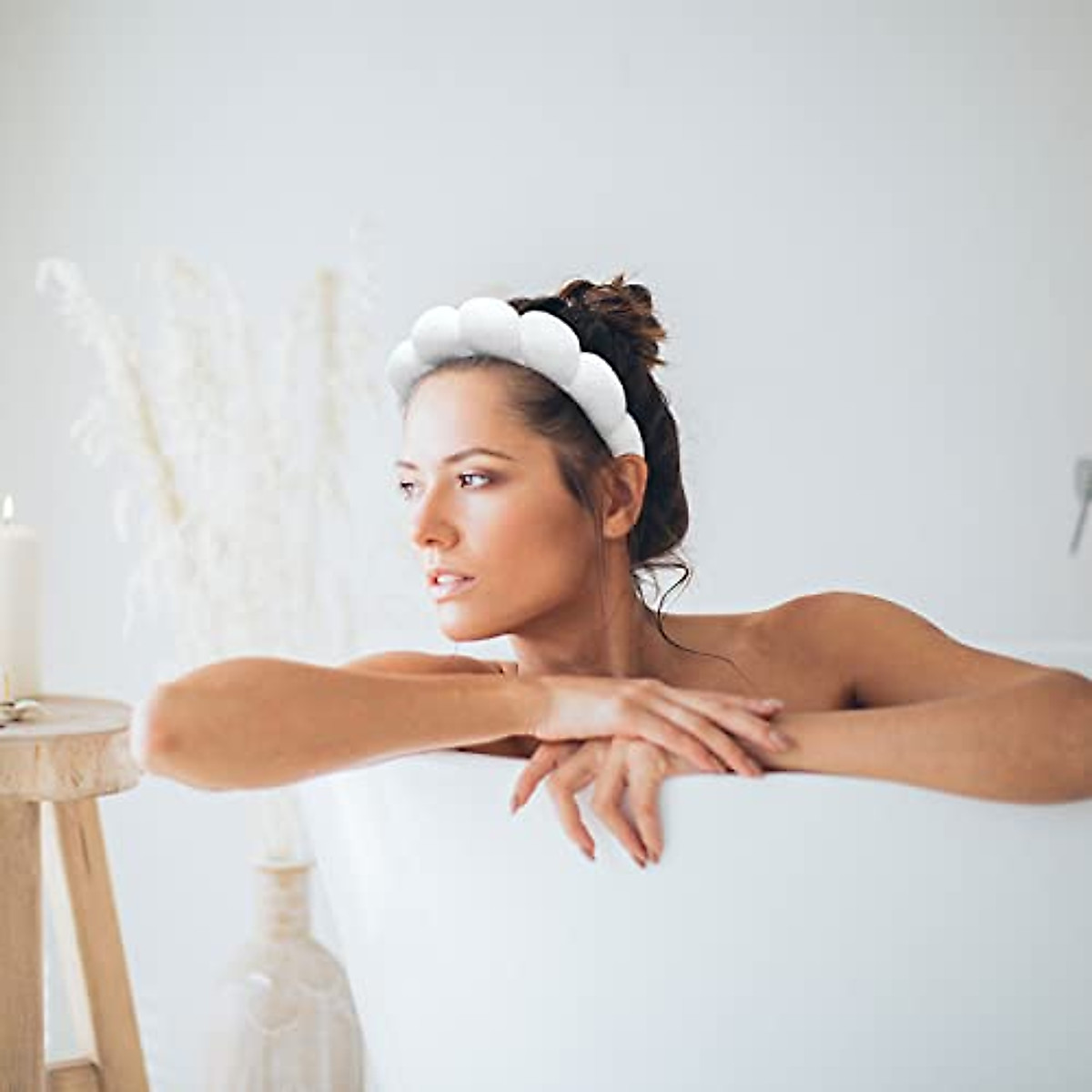 ZZGC Spa Sponge Headband for Washing Face, Makeup Headband with 2Pcs Wrist Washband Hair Band for Makeup Removal, Skincare (White)