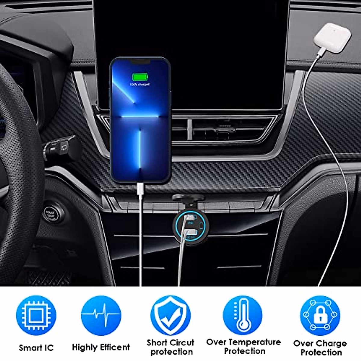 65W PD 12V USB Outlet for Laptop - Qidoe USB C Car Charger Socket Multi Port USB Outlet Quick Charge3.0 18W with Power Switch Long Body Waterproof Adapter for Car Boat Marine Truck Golf RV Motorcycle