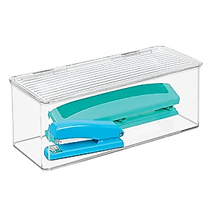 mDesign Plastic Stackable Storage Organizer Box with Hinged Lid - Long Home Office Holder Supply Bin for Note Pads, Gel Pens, Staples, Tape, Highlighters, or Dry Erase Markers - Clear