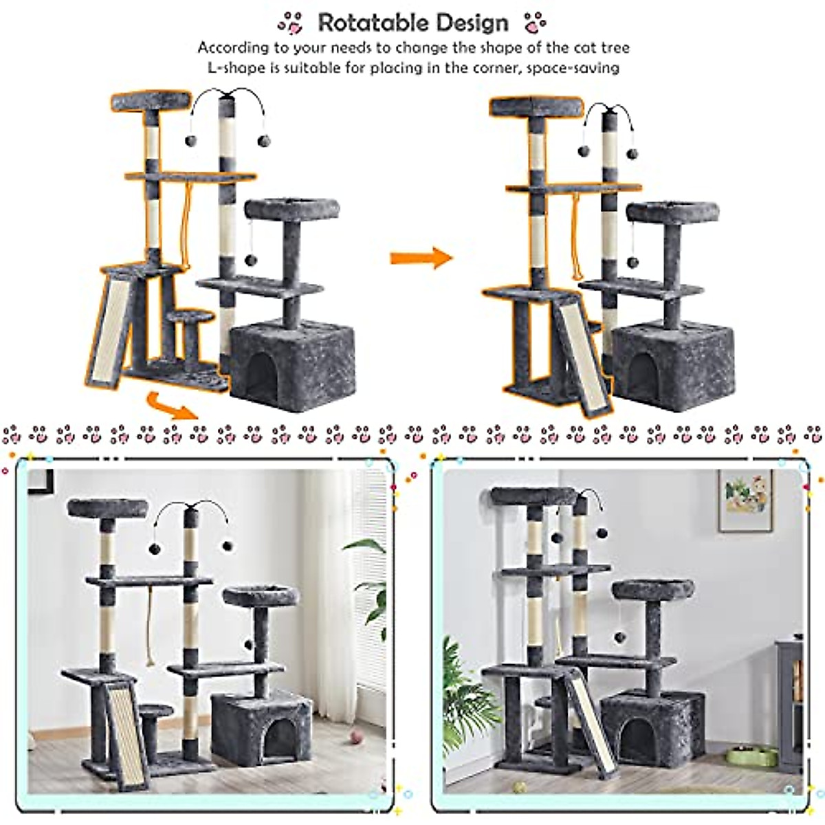 Yaheetech Multi-Level Cat Tree Cat Tower for Indoor Cats, Cat Condo with Scratching Posts, Cat Furniture Play Center, Plush Perch, Rotatable Cat Tree for Kittens/Large Cat, Dark Gray
