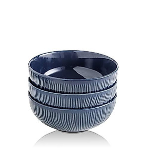 KOOV 58 OZ Ceramic Large Bowl Set, Large Salad Bowls Set, Big Bowl for Eating, Pho Bowl Set, Soup Bowl Microwave Safe, Ceramic Serving Bowl Set of 3, Irregular Striped Series (Aegean)
