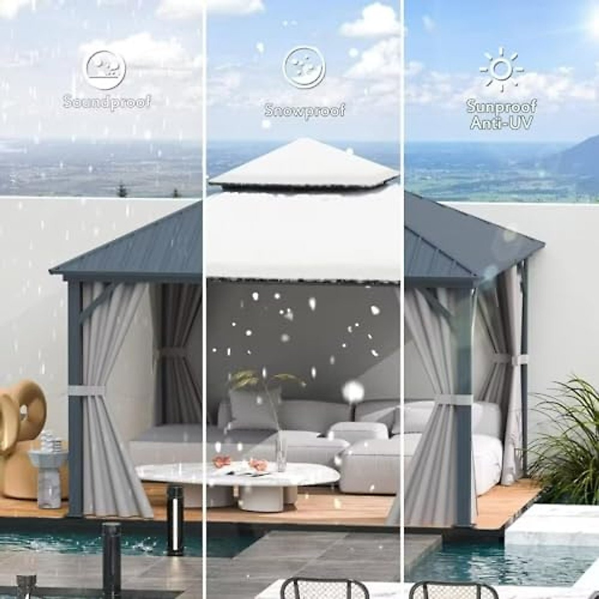 Domi 12’ X 12’ Hardtop Gazebo Canopy with Netting & Curtains, Outdoor Aluminum Gazebo with Galvanized Steel Double Roof for Patio Lawn and Garden, Gray