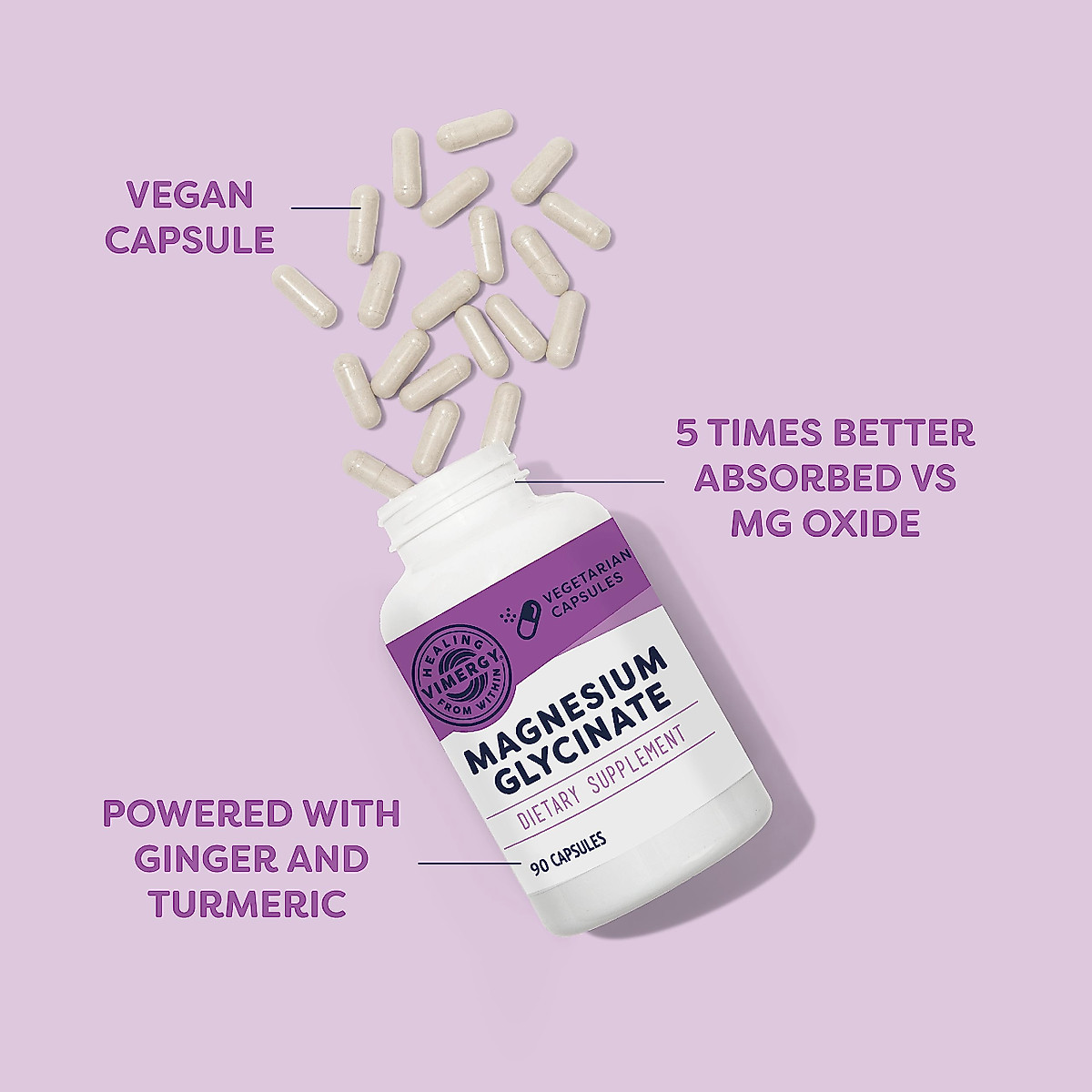 Vimergy Magnesium Glycinate, Trial Size - 30 Servings – with Turmeric & Ginger - Promotes Relaxation & Sleep – Supports Bone, Muscle & Heart Health - Gluten-Free, Kosher, Vegan & Paleo (60ct)