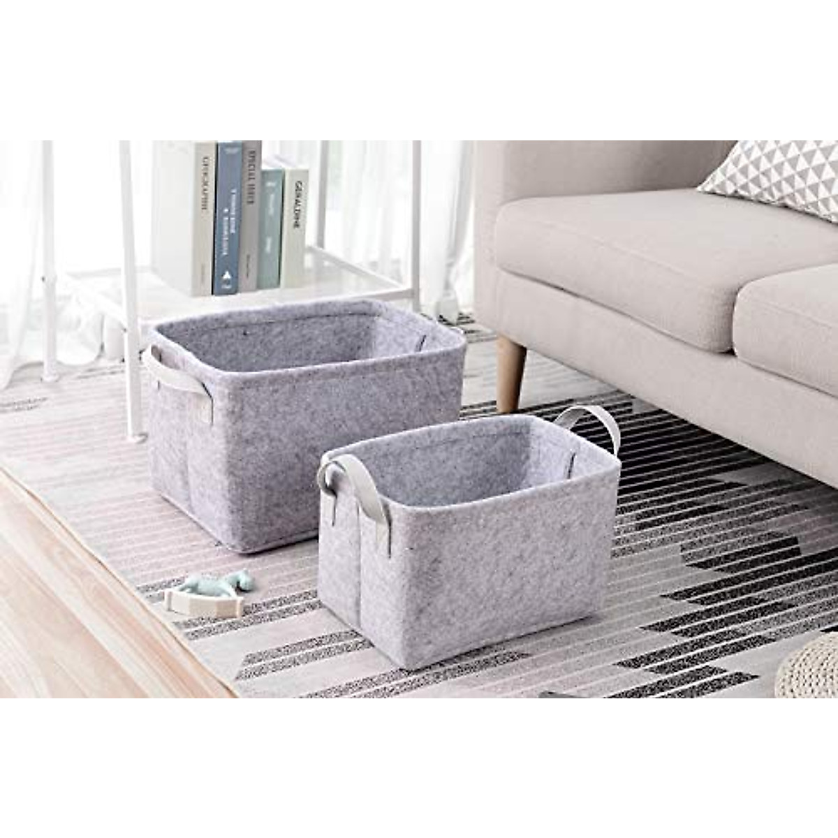 Rhyan Felt Storage Basket/Bin with PU Handles, Collapsible & Convenient Storage Solution for Office, Bedroom, Closet, Toys, Laundry(Light Gray)