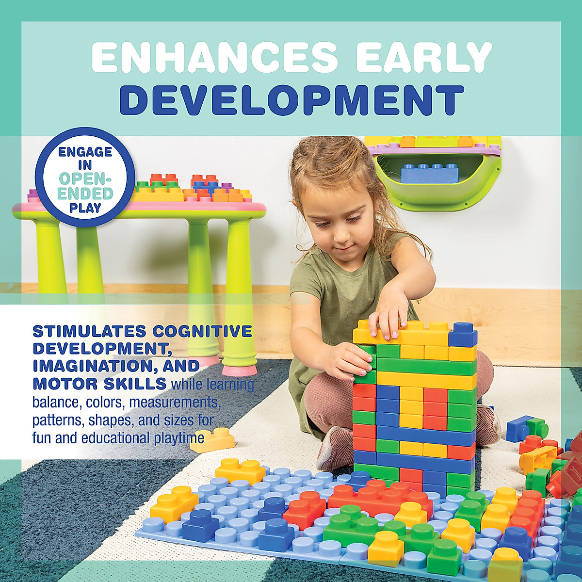 UNiPLAY Platform Soft Building Blocks — Educational Sensory Stacking Blocks, Learning Toy with 11 x 11 Inch Base Plate for Ages 3 Months and Up (64-Piece Set)
