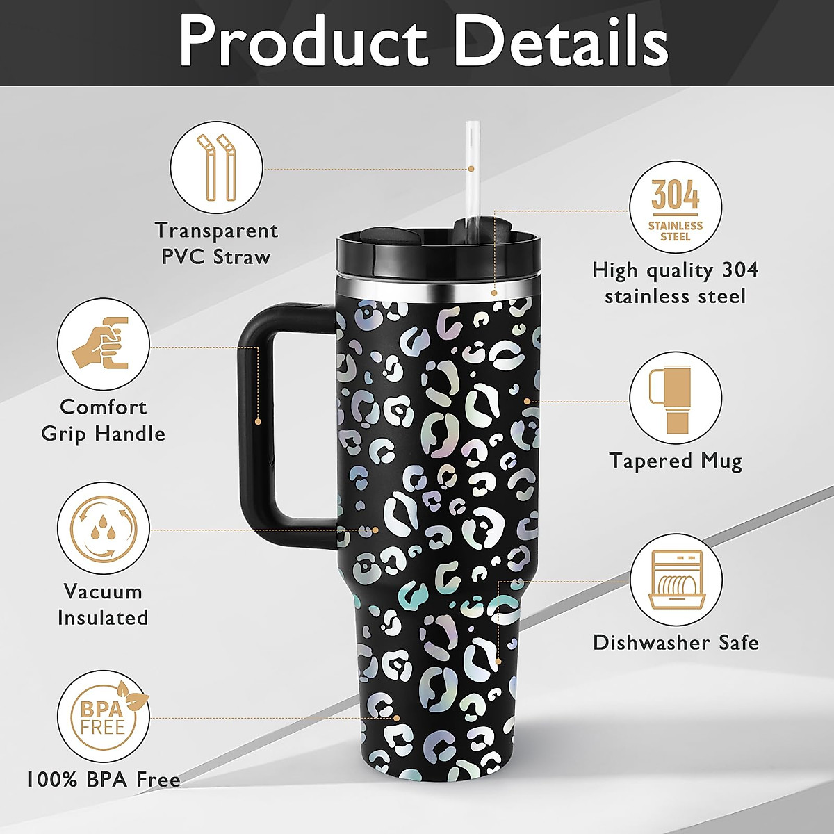 Ochapa 40 oz Tumbler with Handle Leopard Straw Lid Insulated Stainless Steel Vacuum Reusable Cup Holder Friendly Keep Drinks Cold Gifts for Women Lover Car Gym Travel, Black Cheetah