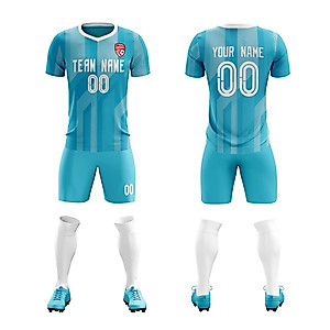 Custom Soccer Jersey Uniform for Men Women Boy Sleeveless Personalized Shirt and Shorts with Name Number, Aqua Blue&white-28, One Size