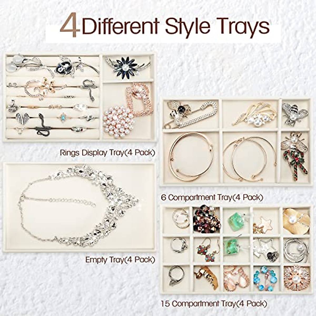 16 Pcs Small Stackable Jewelry Organizer Trays for Drawers, 8.3x5x1 Inch Small Velvet Jewelry Closet Dresser Inserts Divider Rings Earring Storage Display Gift for Women Girl Wedding Birthday (Beige)