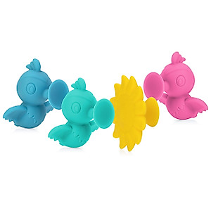 Nuby Silly Hummingbird & Flower Interactive Suction Toys with Built-in Rattle, 2 Piece, Aqua / Yellow