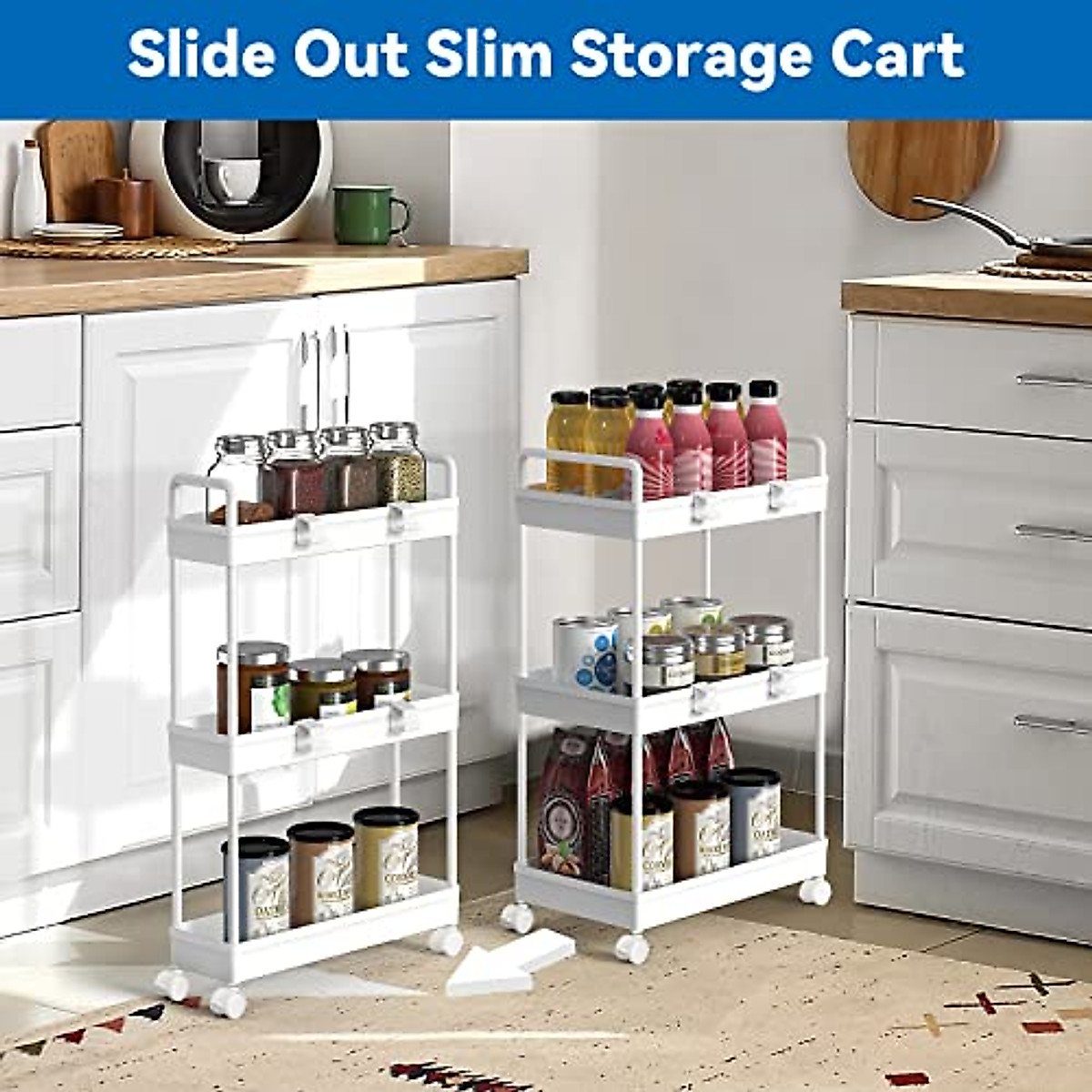 2 Pack 3 Tier Slim Storage Cart, Bathroom Organizer Laundry Room Organization Mobile Shelving Unit Slide Out Rolling Rack with Wheels for Kitchen Garage Office Small Apartment Narrow Space