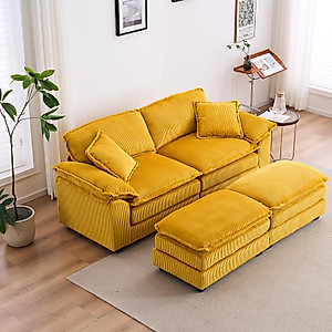 ONEMMLION 84.6" Modular Sectional Sofa Oversized Loveseat, Modern Upholstered Cloud Couch with 2 Ottoman, Comfy Corduroy Deep Seat Sleeper Sofa for Living Room, Small Space, Yellow