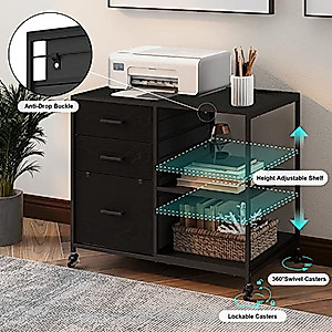 VEDECASA Black Lateral File Cabinet with 3 Fabric Drawer fits A4 Letter Size Open Storage Shelf Socket and Power Outlets USB Charging Port Mobile Printer Stand for Home Office