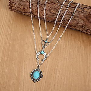 IDesign Western Layered Necklace for Women Cowgirls Turquoise Stone cross Western Cowboy Necklaces Bull Head Necklace Jewelry for Women