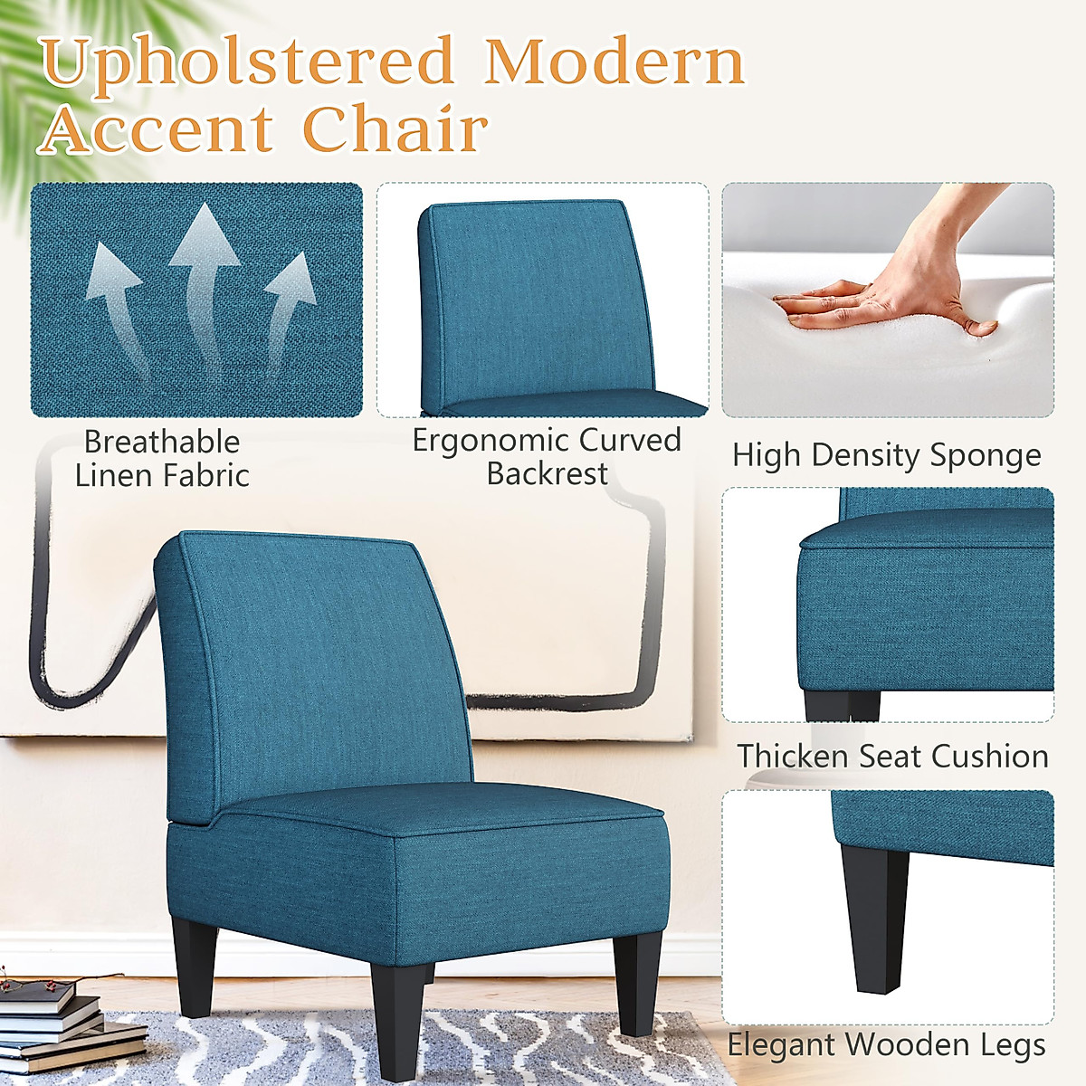 ALISH Accent Chairs Set of 2 Upholstered Living Room Chairs Armless Side Chairs Bedroom Chairs with Curved Backrest and Wooden Legs Blue