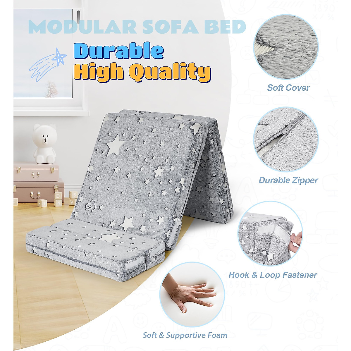 Elftopia 3-in-1 Folding Sofa Bed for Kids,Tri Folding Floor Toddler’s Mattress Fold up Sofa Bed,Child Foldable Futon Mattress,Folding Couch for Kids,Glow in Dark-Stars