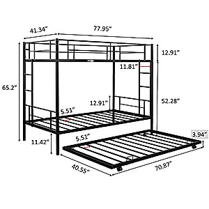 Metal Bunk Bed with Trundle Twin Over Twin Modern Bunk Beds with Slats Heavy Duty Bunkbed Frame for Adults,Teens,Boys and Girls. (Black)