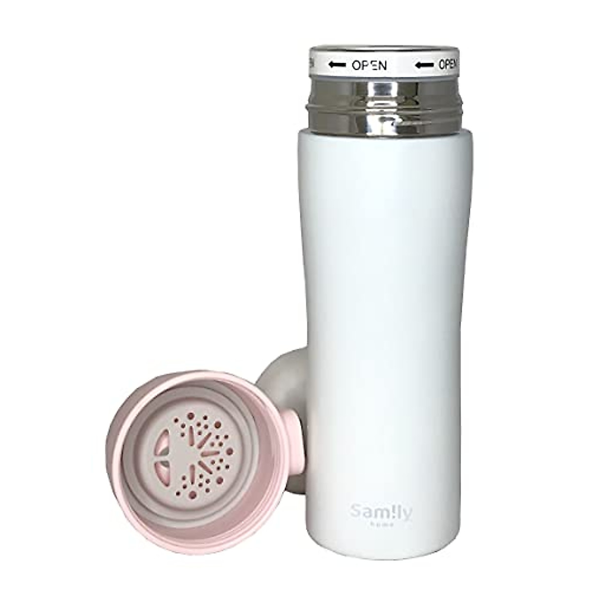 DEDEYA Samily 16oz/473ml Stainless Steel Vacuum Insulated Glass Bottle featured with an easy open flip-top cap, with glass liner inside. keep beverage hot or cold for hours.（Pink Lid ）