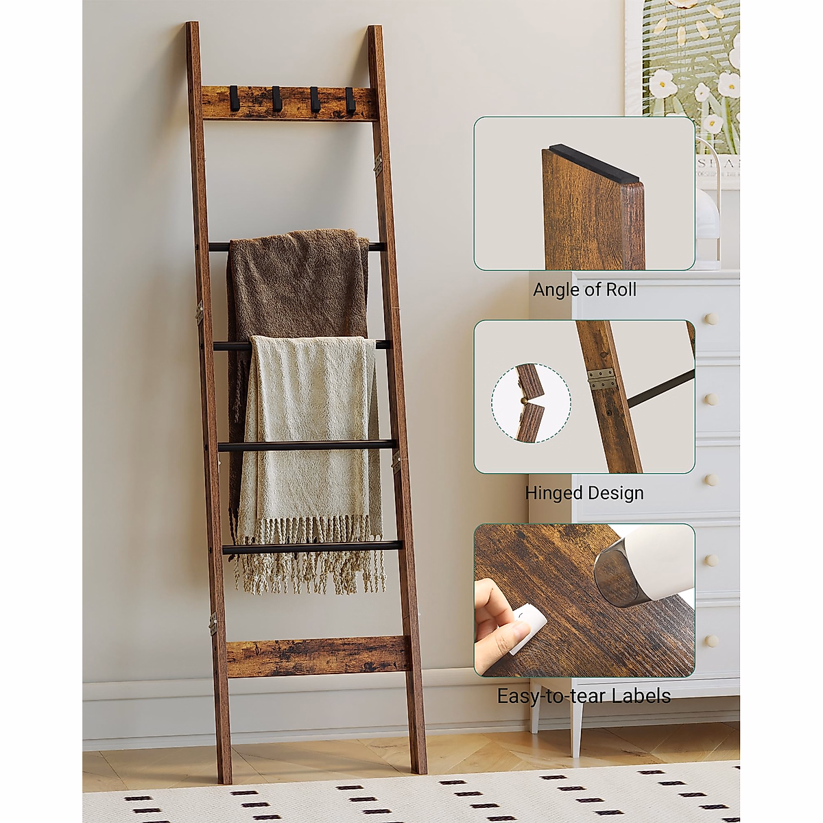 Hzuaneri Blanket Ladder Shelf for Living Room, Decorative Quilt Rack with 4 Removable Hooks, 6-Tier Farmhouse Ladder Holder Organizer for Bedroom, Rustic Brown BR31501B