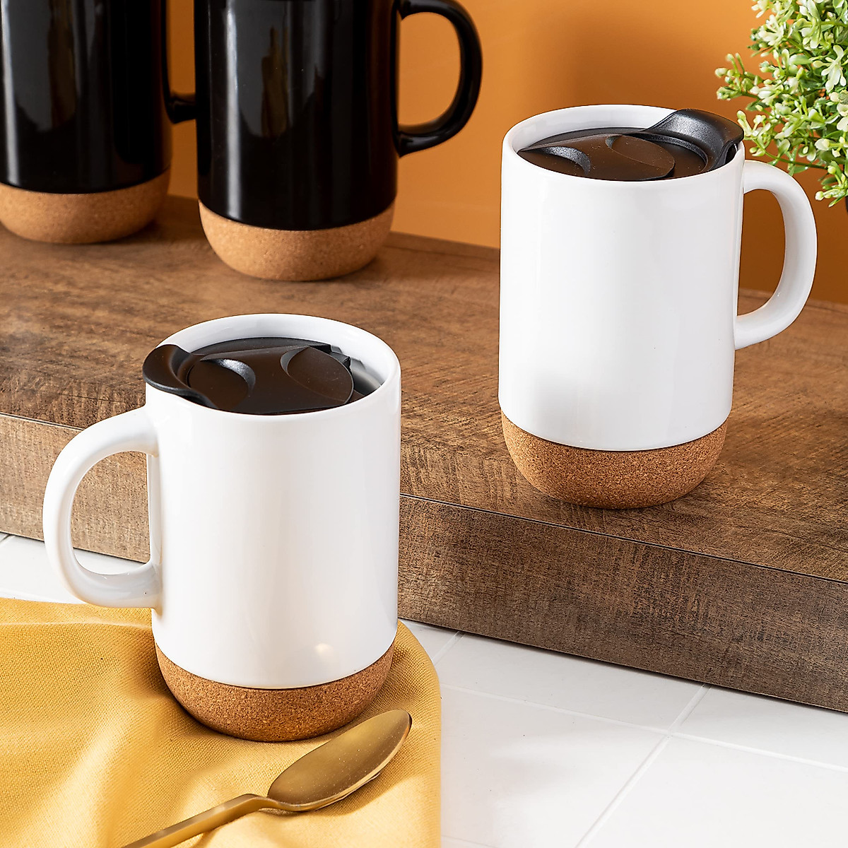 Gibson Home Modani 2 Pack Large 16.5 OZ Ceramic Mugs Set with Removable Cork Bottom and Lid - White