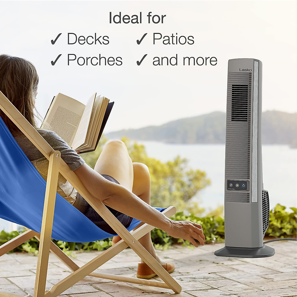 Lasko Outdoor Living Oscillating Tower Fan, for Decks, Patios and Porches, 10 Foot Power Cord, 4 Refreshing Speeds, 42", Grey, YF202