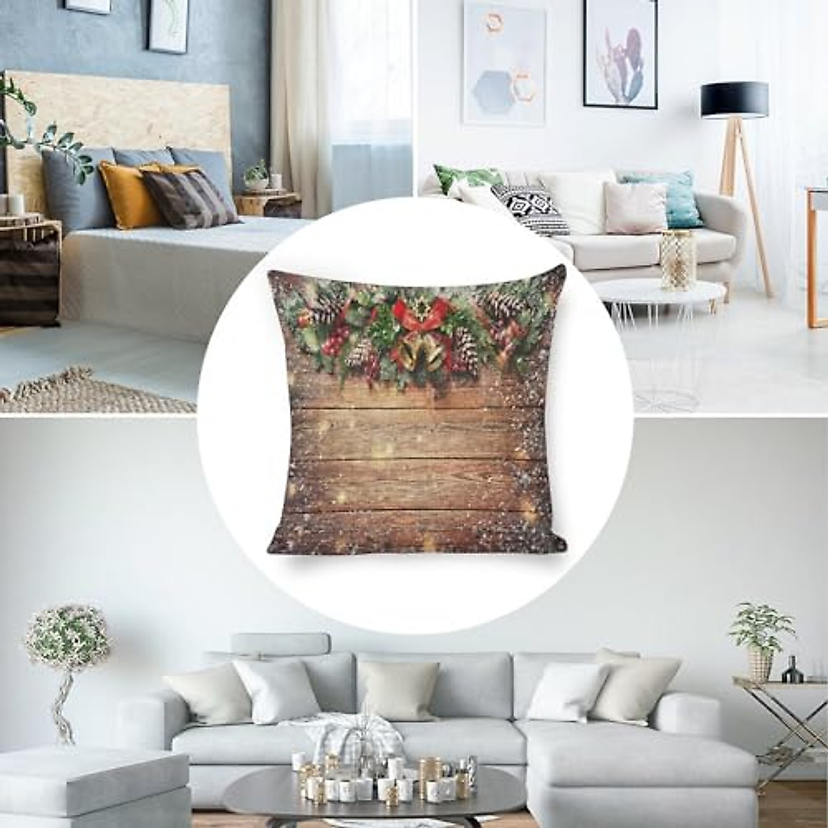 Christmas Bells Fir Tree Throw Pillow Covers 18×18 Pillowcases Set of 2 Dark Wooden Board Linen Decorative Square Pillow Case Cushion Covers Standard Size for Sofa Couch Outdoor Bed Pillow Protectors