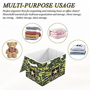 Ollabaky Dark Green Army Camo Larger Collapsible Storage Bin Fabric Decorative Storage Box Cube Organizer Container Baskets with Lid Handles for Closet Organization, Shelves