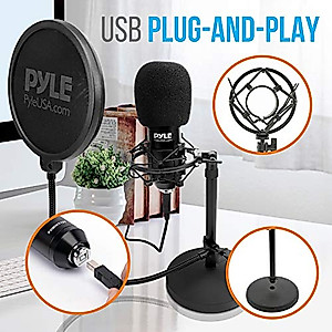 Pyle USB Microphone Podcast Recording Kit - Audio Cardioid Condenser Mic w/Desktop Stand and Pop Filter - for Gaming PS4, Streaming, Podcasting, Studio, YouTube, Works w/Windows Mac PC PDMIKT120