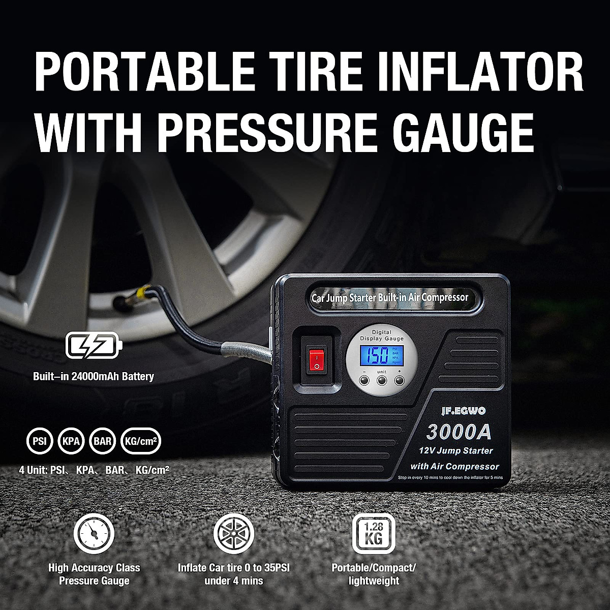 JF.EGWO 3000Amp Car Jump Starter with Air Compressor, 150PSI Tire Inflator with Digital Screen Pressure Gauge, 24000mAh 12V Auto Battery Booster (9.0L Gas/ 8.5LDiesel Engine), 2 USB Port 2 Light