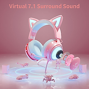 EASARS Cat Ear Headset, Pink Gaming Headset with Retractable Mic, 7.1 Surround Sound, RGB Lighting, Wired Headset for PC, PS4, PS5