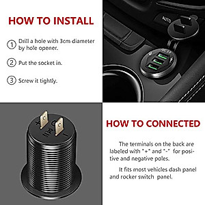 3 USB 3.0 Car Charger, 12V/24V 36W QC3.0 USB Charger Socket, 3 x USB 3.0 Socket Charger USB Outlet Fast Charge with 10A Wire Fuse Aluminum (Black)
