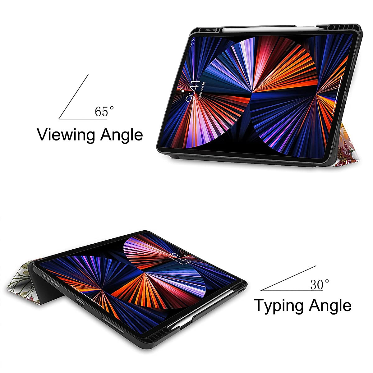 DONGKE Floral Design Case for iPad Pro 12.9 inch 6th, 5th, 4th, 3rd Gen with Pencil Holder, Auto Wake/Sleep, and Stand