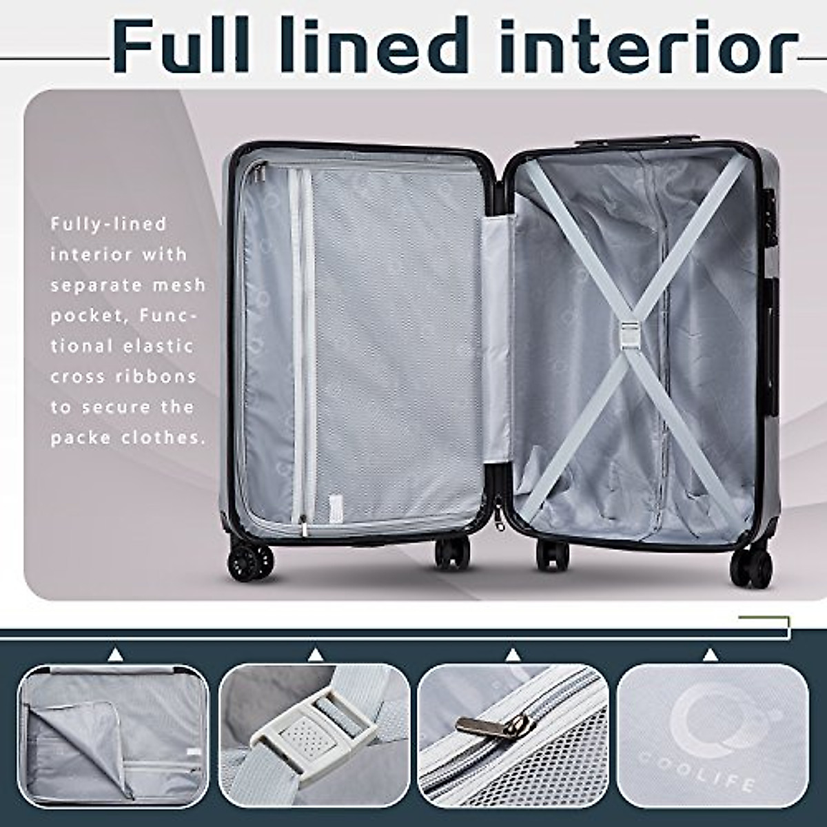 Coolife Luggage Suitcase PC+ABS with TSA Lock Spinner Carry on Hardshell Lightweight 20in 24in 28in (grey, S(20in_carry on))