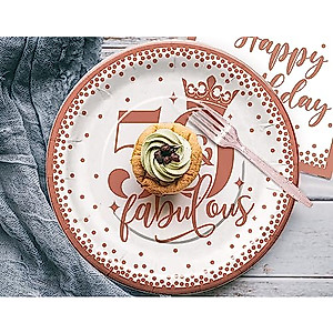 GREPARPY 50th Birthday Decorations Women Tableware - Rose Gold 50 And Fabulous Birthday Decorations Dinnerware, Fifty Birthday Plate, Napkin, Fork, Her 50-Year-Old Birthday Party Supplies | Serve 24