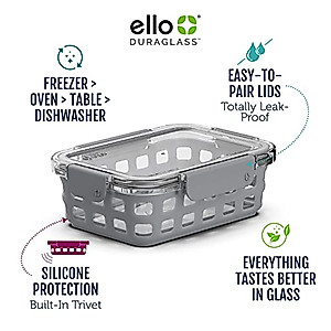 Ello Duraglass Meal Prep Container, 5 cup- Glass Food Storage Container with Silicone Sleeve and Airtight BPA-Free Plastic Lid, Dishwasher, Microwave, and Freezer Safe, Midnight