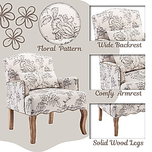 CIMOO Mid Century Modern Accent Chair Set of 2 Floral Reading Chair with Removable Pillow Wingback Arm Chair Upholstered Comfy Single Sofa for Living Room/Bedroom/Fireplace, Beige 2PCS