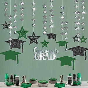 Cheerland Green Graduation Party Decoration Kit Black Cap Decor Shiny Congrats Grad Banner Star Hat Garland Hanging Streamer Banner Backdrop Background for Ceiling Home Classroom