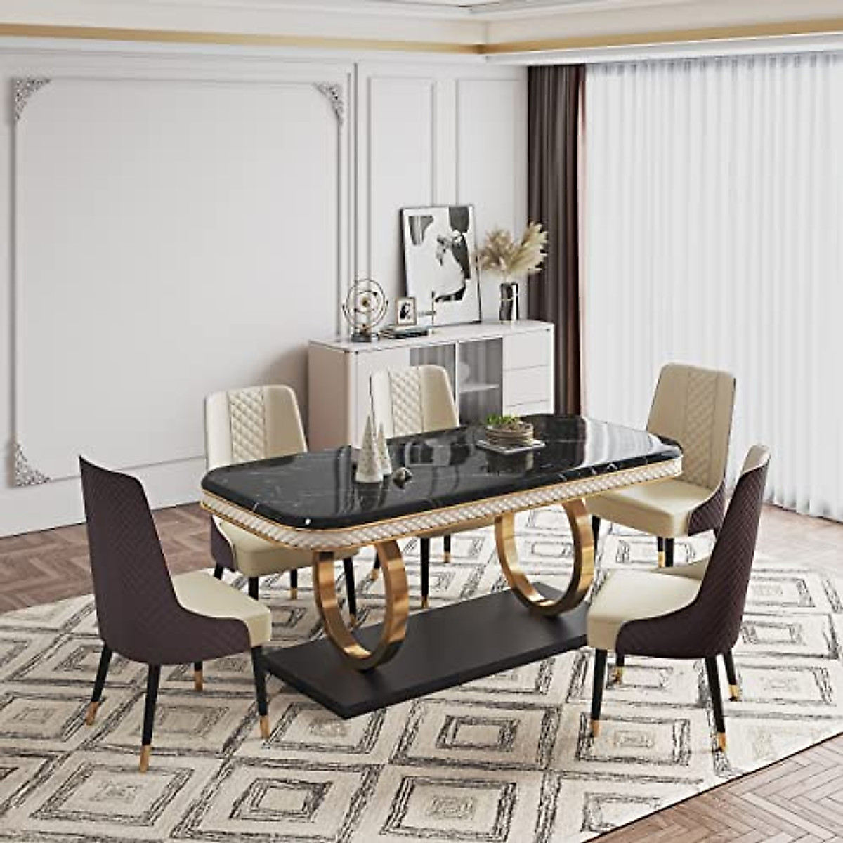 POVISON Dining Table, Black Modern Dining Table for 6, 63'' Rectangular Dining Table with Marble Top for Kitchen & Dining Room, with Unique Stable Luxury Pedestal