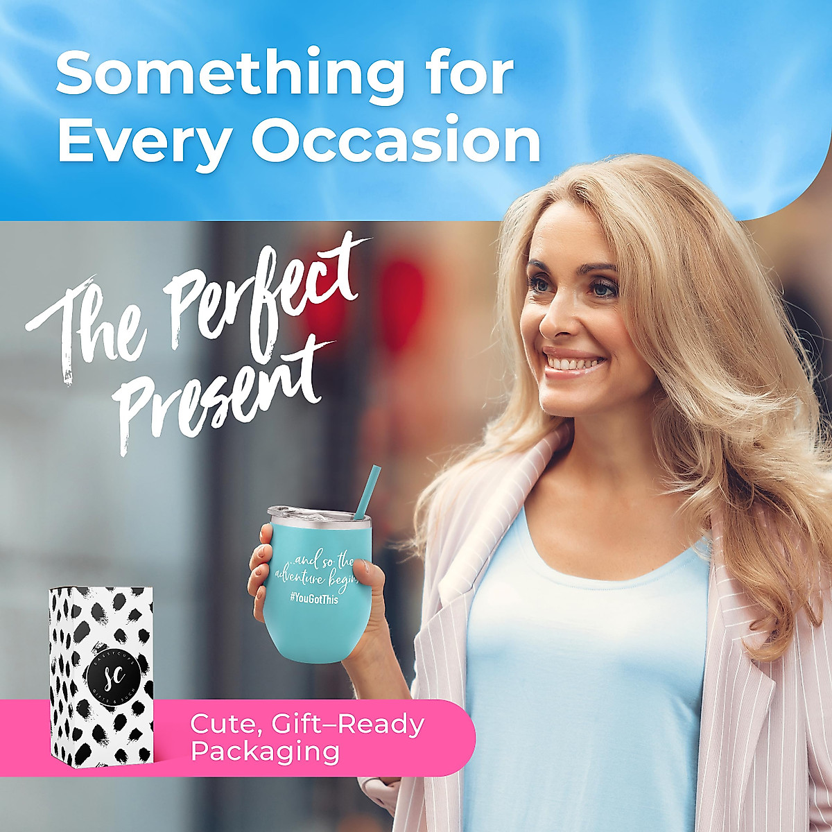 and So The Adventure Begins - Personalized Insulated Wine Tumbler with Lid – Stainless Steel Insulated Travel Mug with Straw – Graduation, Promotion, Going Away, Job Change, Teacher - Adventure Awaits