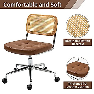 Newnno Office Chair Armless Leather Desk Chair with Wheels, Modern Rattan Ergonomic Computer Home Office Chair for Study, Adjustable Swivel Rolling Chair for Home Office, Brown